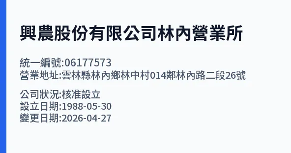 興農股份有限公司林內營業所的照片-統編 06177573(雲林縣) 公司登記資料與營業項目詳細圖表