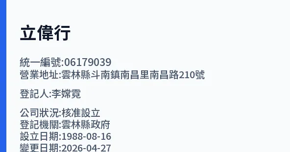 立偉行的照片-統編 06179039(雲林縣) 公司登記資料與營業項目詳細圖表