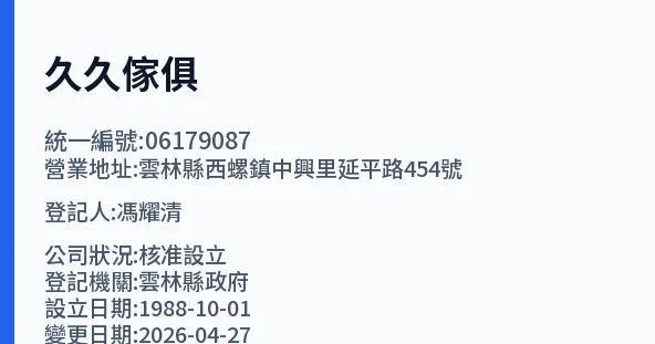 久久傢俱的照片-統編 06179087(雲林縣) 公司登記資料與營業項目詳細圖表