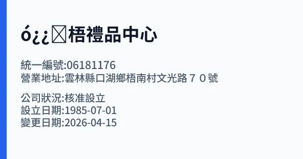 󿿉梧禮品中心的照片-統編 06181176(雲林縣) 公司登記資料與營業項目詳細圖表