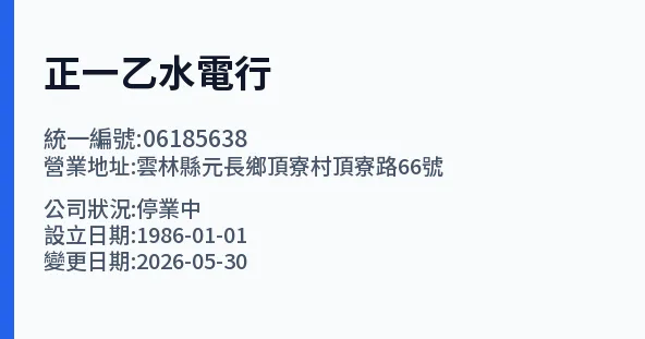 正一乙水電行的照片-統編 06185638(雲林縣) 公司登記資料與營業項目詳細圖表