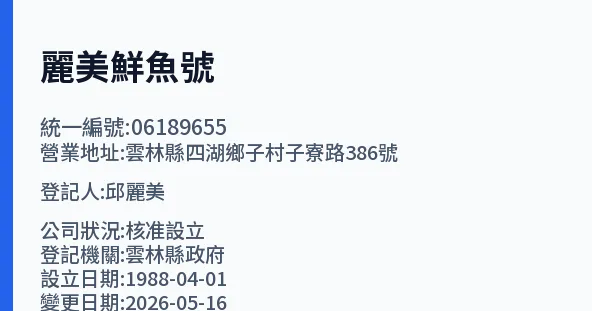 麗美鮮魚號的照片-統編 06189655(雲林縣) 公司登記資料與營業項目詳細圖表