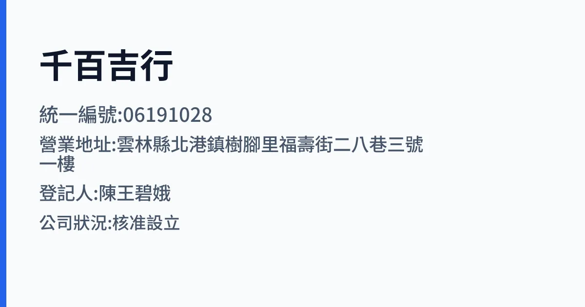 千百吉行 - 統編 06191028(雲林縣) 公司登記資料與營業項目詳細圖表