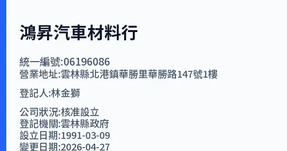 鴻昇汽車材料行的照片-統編 06196086(雲林縣) 公司登記資料與營業項目詳細圖表