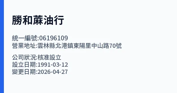勝和蔴油行的照片-統編 06196109(雲林縣) 公司登記資料與營業項目詳細圖表