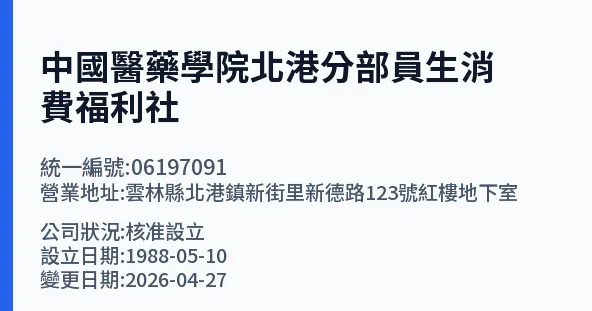 中國醫藥學院北港分部員生消費福利社的照片-統編 06197091(雲林縣) 公司登記資料與營業項目詳細圖表