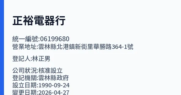 正裕電器行的照片-統編 06199680(雲林縣) 公司登記資料與營業項目詳細圖表