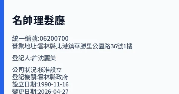 名帥理髮廳的照片-統編 06200700(雲林縣) 公司登記資料與營業項目詳細圖表
