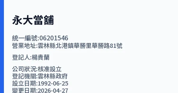 永大當舖的照片-統編 06201546(雲林縣) 公司登記資料與營業項目詳細圖表