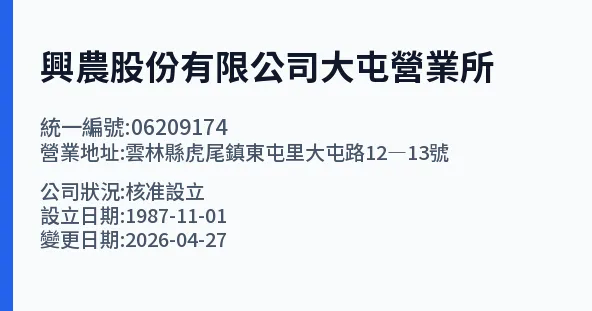 興農股份有限公司大屯營業所的照片-統編 06209174(雲林縣) 公司登記資料與營業項目詳細圖表