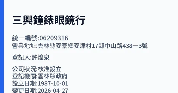 三興鐘錶眼鏡行的照片-統編 06209316(雲林縣) 公司登記資料與營業項目詳細圖表