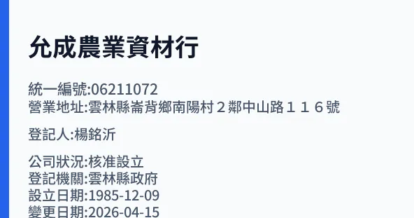 允成農業資材行的照片-統編 06211072(雲林縣) 公司登記資料與營業項目詳細圖表