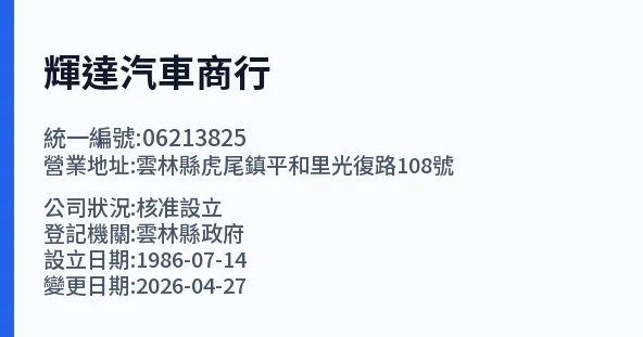 輝達汽車商行的照片-統編 06213825(雲林縣) 公司登記資料與營業項目詳細圖表