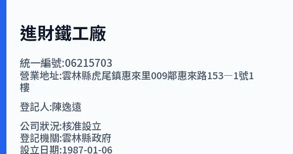 進財鐵工廠的照片-統編 06215703(雲林縣) 公司登記資料與營業項目詳細圖表