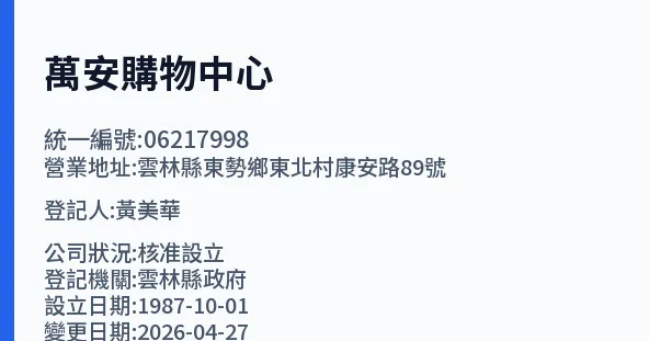 萬安購物中心的照片-統編 06217998(雲林縣) 公司登記資料與營業項目詳細圖表