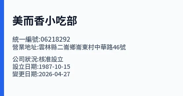 美而香小吃部的照片-統編 06218292(雲林縣) 公司登記資料與營業項目詳細圖表