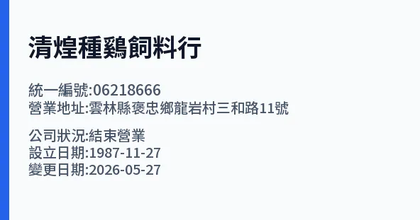 清煌種鷄飼料行的照片-統編 06218666(雲林縣) 公司登記資料與營業項目詳細圖表