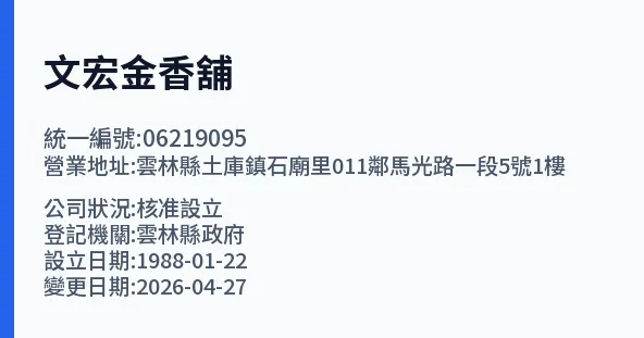 文宏金香舖的照片-統編 06219095(雲林縣) 公司登記資料與營業項目詳細圖表