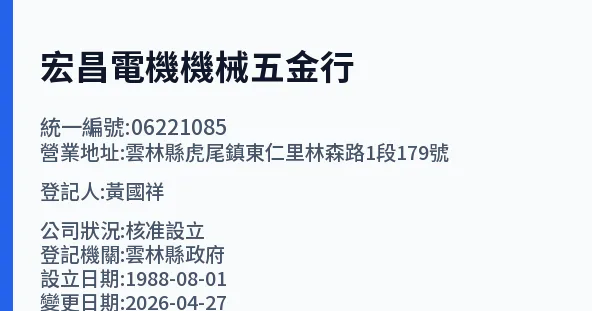 宏昌電機機械五金行的照片-統編 06221085(雲林縣) 公司登記資料與營業項目詳細圖表