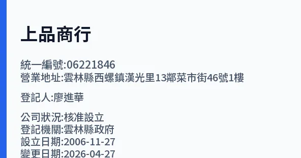 上品商行的照片-統編 06221846(雲林縣) 公司登記資料與營業項目詳細圖表