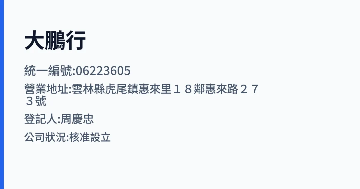 大鵬行 - 統編 06223605(雲林縣) 公司登記資料與營業項目詳細圖表