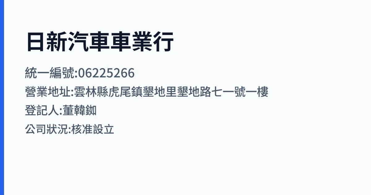 日新汽車車業行 - 統編 06225266(雲林縣) 公司登記資料與營業項目詳細圖表