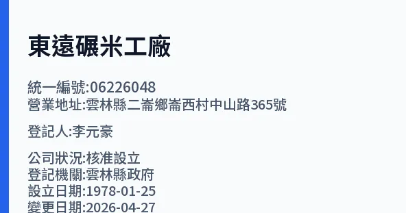 東遠碾米工廠的照片-統編 06226048(雲林縣) 公司登記資料與營業項目詳細圖表