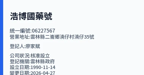 浩博國藥號的照片-統編 06227567(雲林縣) 公司登記資料與營業項目詳細圖表