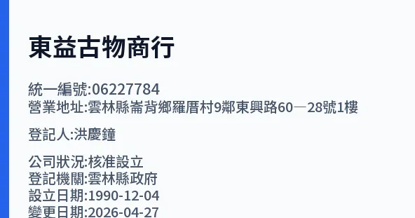 東益古物商行的照片-統編 06227784(雲林縣) 公司登記資料與營業項目詳細圖表