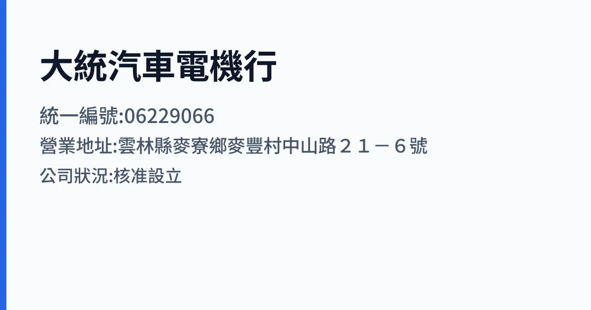 大統汽車電機行 - 統編 06229066(雲林縣) 公司登記資料與營業項目詳細圖表