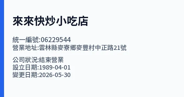 來來快炒小吃店的照片-統編 06229544(雲林縣) 公司登記資料與營業項目詳細圖表