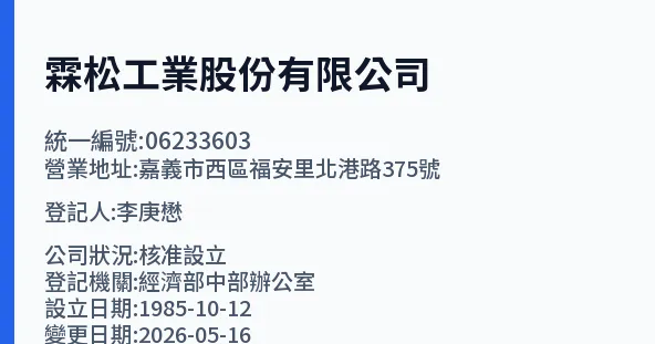 霖松工業股份有限公司的照片-統編 06233603(嘉義市) 公司登記資料與營業項目詳細圖表