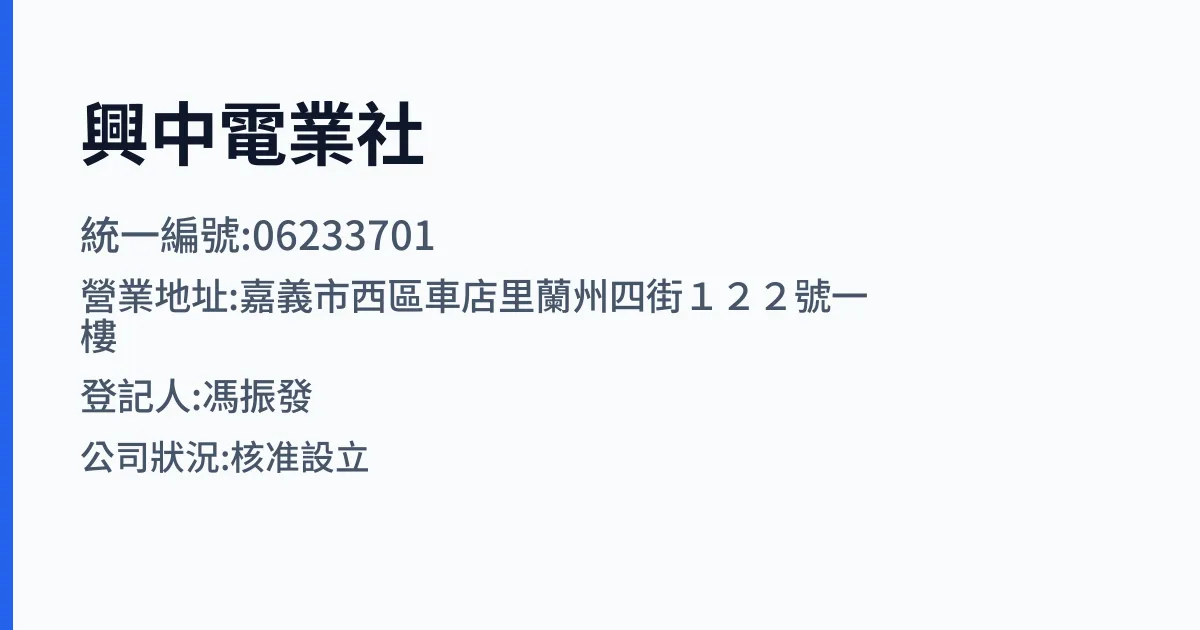 興中電業社 - 統編 06233701(嘉義市) 公司登記資料與營業項目詳細圖表
