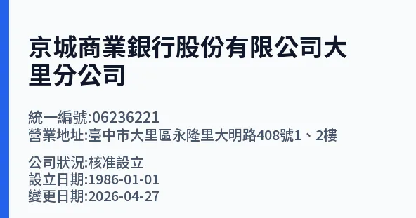 京城商業銀行股份有限公司大里分公司的照片-統編 06236221(臺中市) 公司登記資料與營業項目詳細圖表