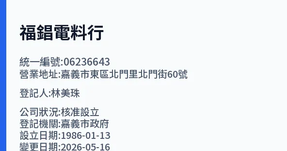 福錩電料行的照片-統編 06236643(嘉義市) 公司登記資料與營業項目詳細圖表