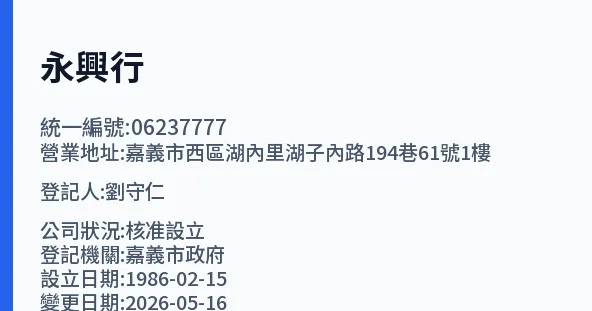 永興行的照片-統編 06237777(嘉義市) 公司登記資料與營業項目詳細圖表