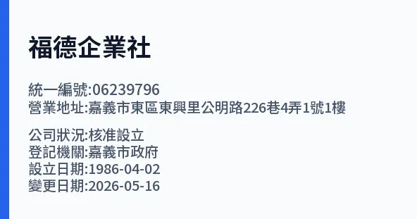 福德企業社的照片-統編 06239796(嘉義市) 公司登記資料與營業項目詳細圖表