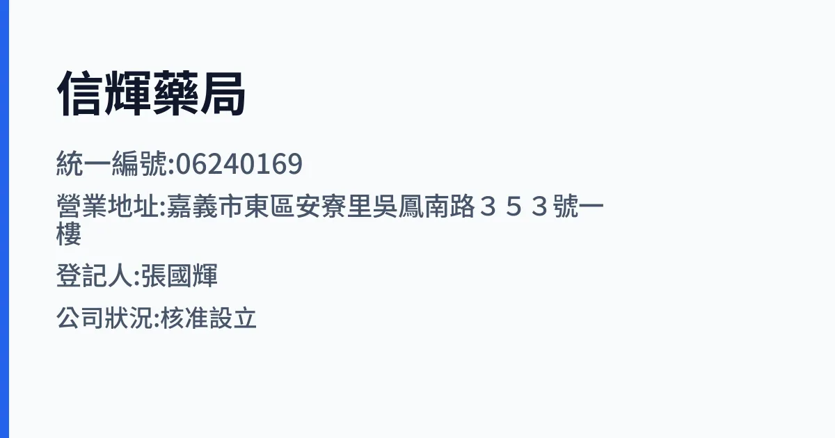 信輝藥局 - 統編 06240169(嘉義市) 公司登記資料與營業項目詳細圖表