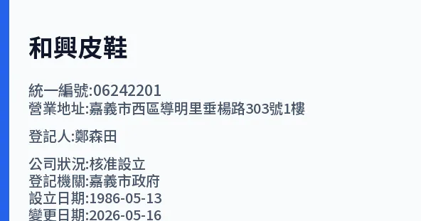 和興皮鞋的照片-統編 06242201(嘉義市) 公司登記資料與營業項目詳細圖表