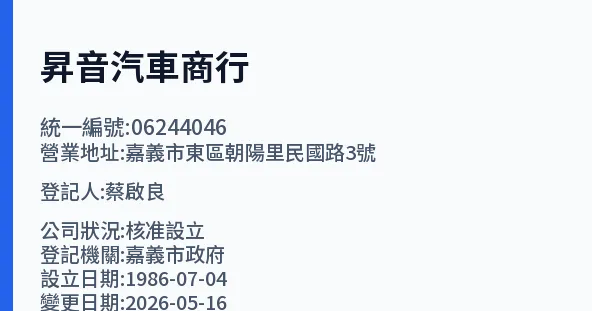 昇音汽車商行的照片-統編 06244046(嘉義市) 公司登記資料與營業項目詳細圖表