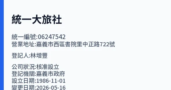 統一大旅社的照片-統編 06247542(嘉義市) 公司登記資料與營業項目詳細圖表