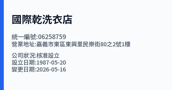 國際乾洗衣店的照片-統編 06258759(嘉義市) 公司登記資料與營業項目詳細圖表