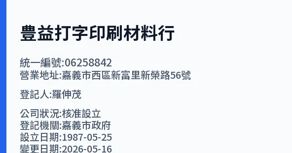 豊益打字印刷材料行的照片-統編 06258842(嘉義市) 公司登記資料與營業項目詳細圖表