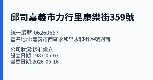 邱司嘉義市力行里康樂街359號的照片-統編 06260657(嘉義市) 公司登記資料與營業項目詳細圖表