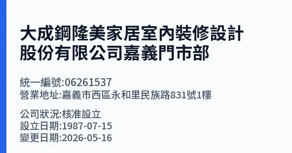 大成鋼隆美家居室內裝修設計股份有限公司嘉義門市部的照片-統編 06261537(嘉義市) 公司登記資料與營業項目詳細圖表