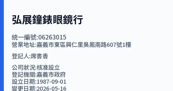 弘展鐘錶眼鏡行的照片-統編 06263015(嘉義市) 公司登記資料與營業項目詳細圖表