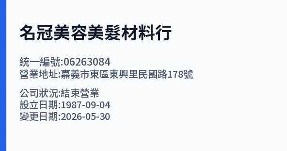 名冠美容美髮材料行的照片-統編 06263084(嘉義市) 公司登記資料與營業項目詳細圖表