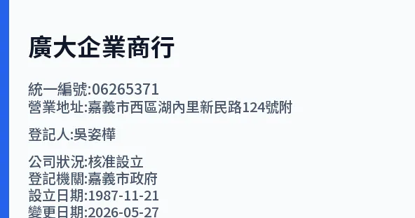 廣大企業商行的照片-統編 06265371(嘉義市) 公司登記資料與營業項目詳細圖表