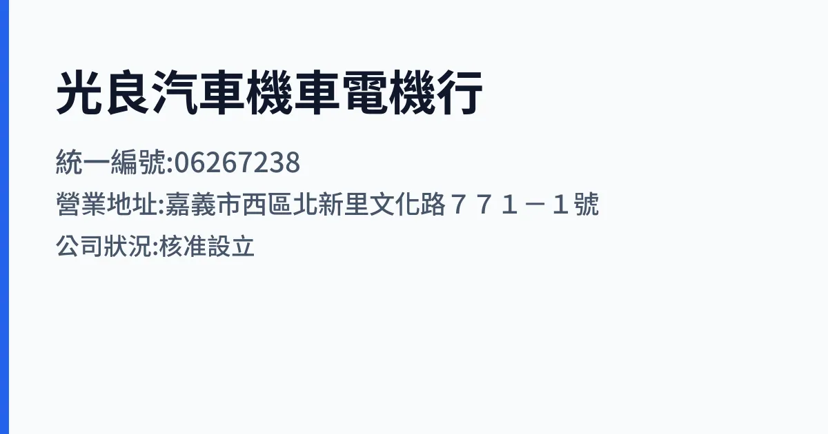 光良汽車機車電機行 - 統編 06267238(嘉義市) 公司登記資料與營業項目詳細圖表