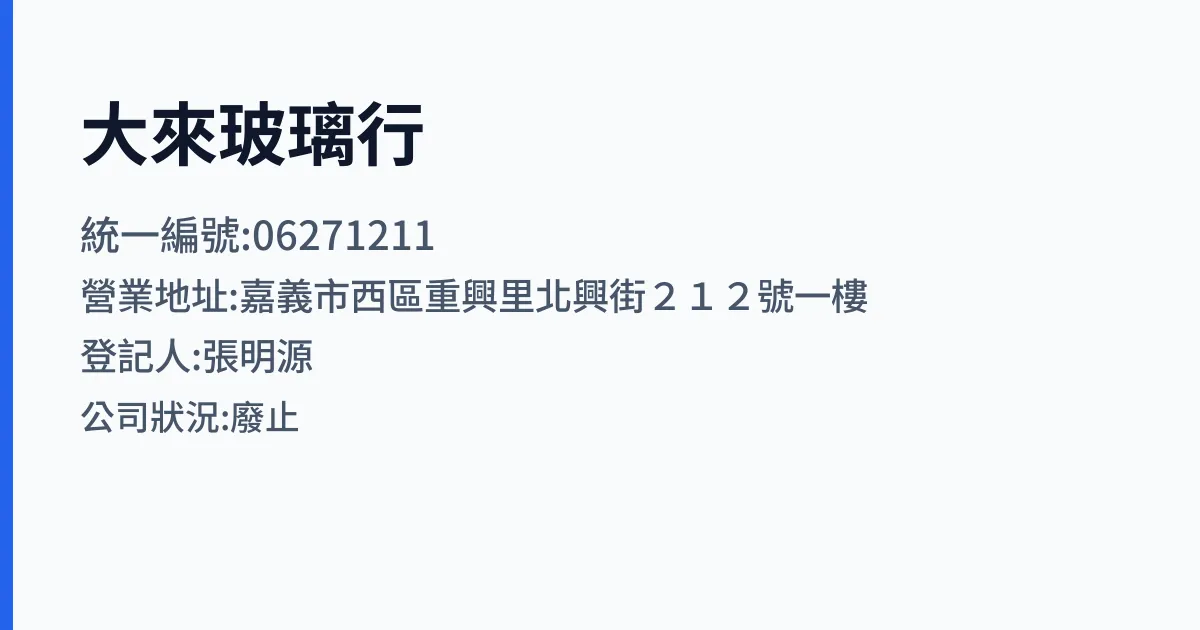大來玻璃行 - 統編 06271211(嘉義市) 公司登記資料與營業項目詳細圖表